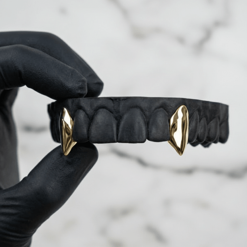 Custom Gold Plated Fang Grillz for Stylish Smile - HC Grillz